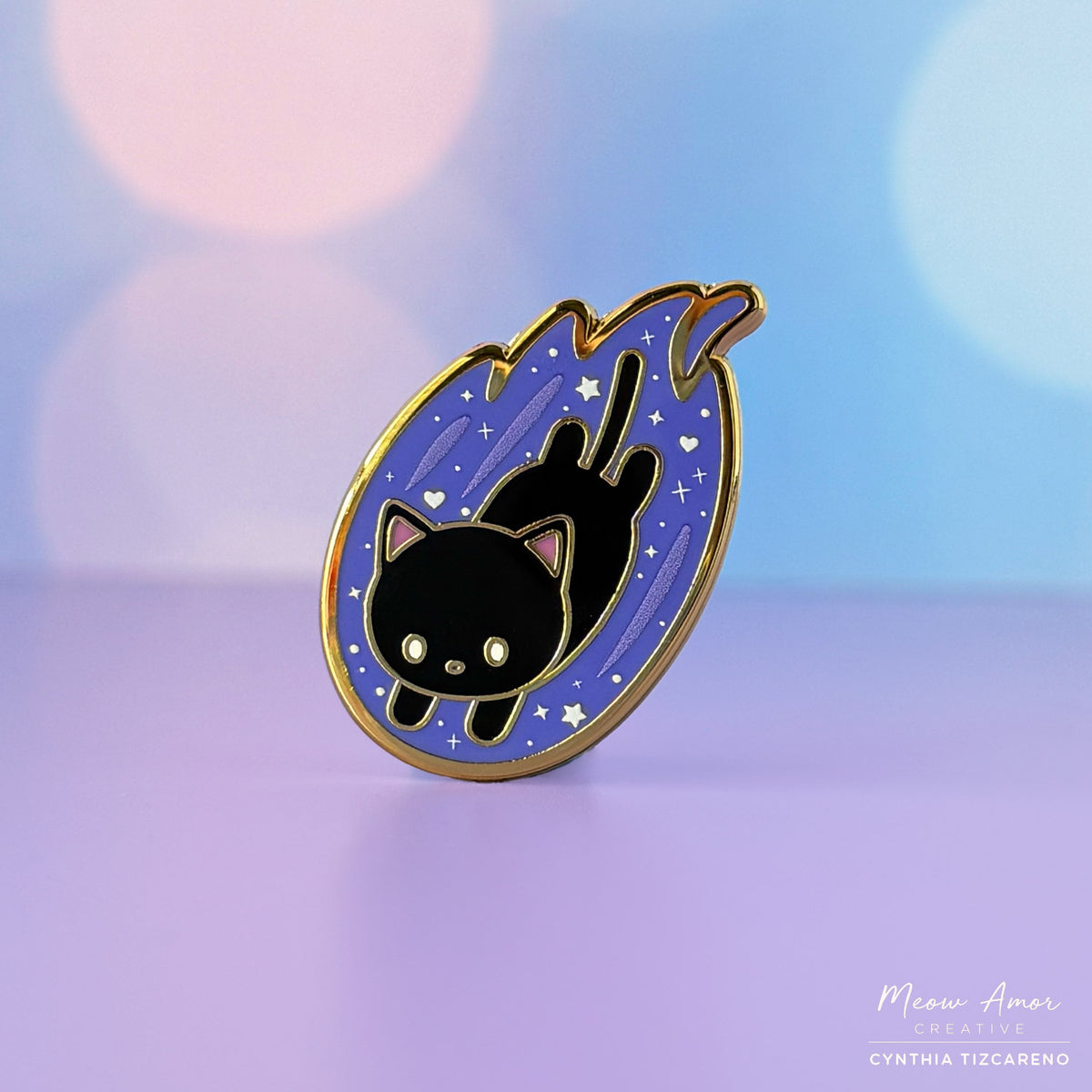 Black Cat Comet Enamel Pin – Meow Amor Creative