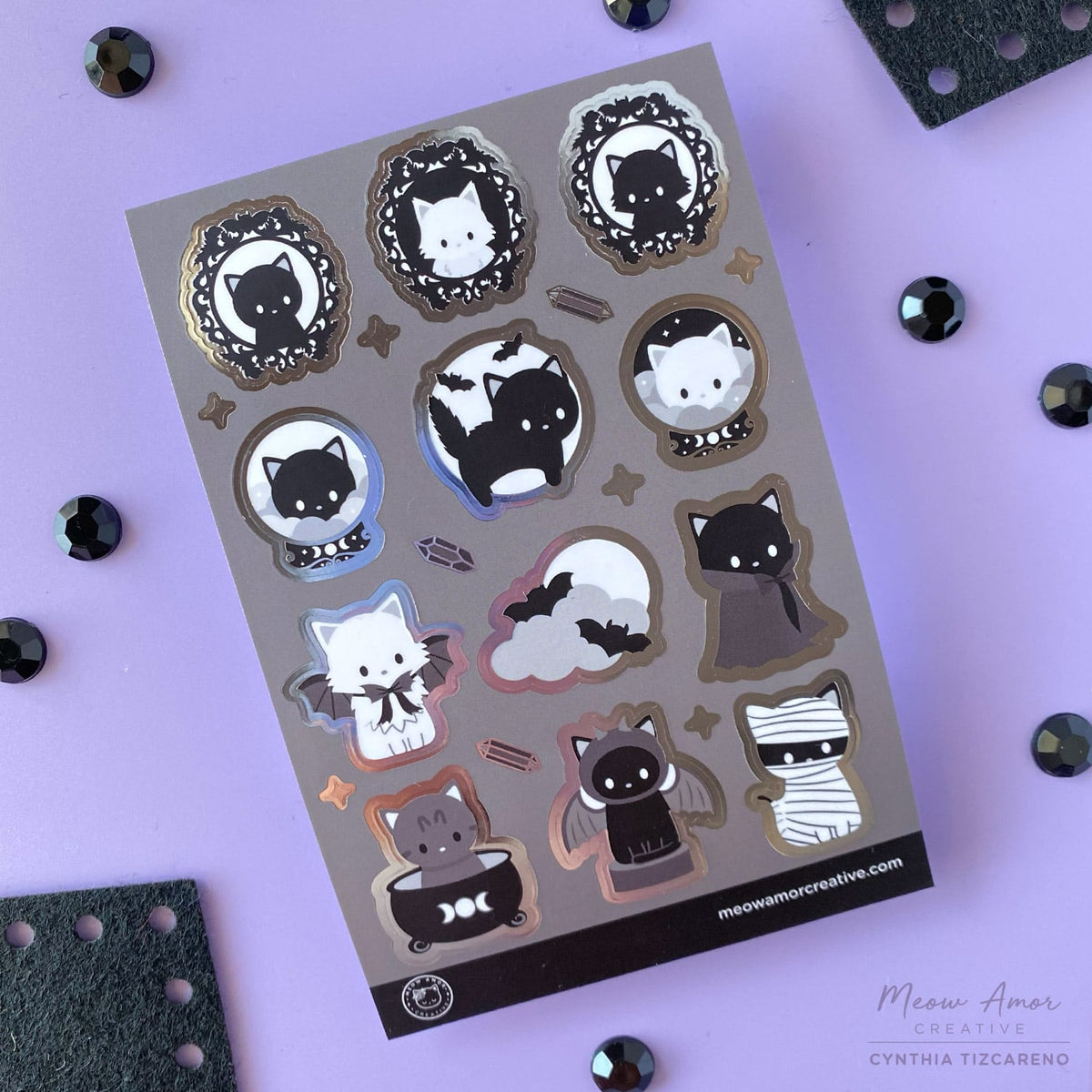 Gothic Halloween Cats Silver Foil Vinyl Sticker Sheet – Meow Amor Creative