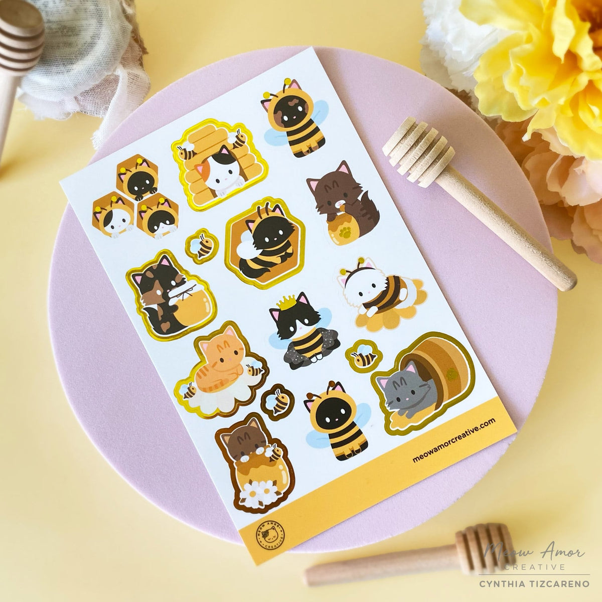 Bee Cats Gold Foil Vinyl Sticker Sheet – Meow Amor Creative