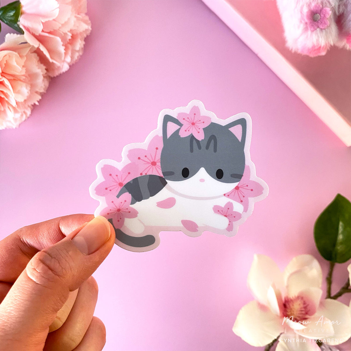 Cherry Blossom Gray Cat Vinyl Sticker – Meow Amor Creative